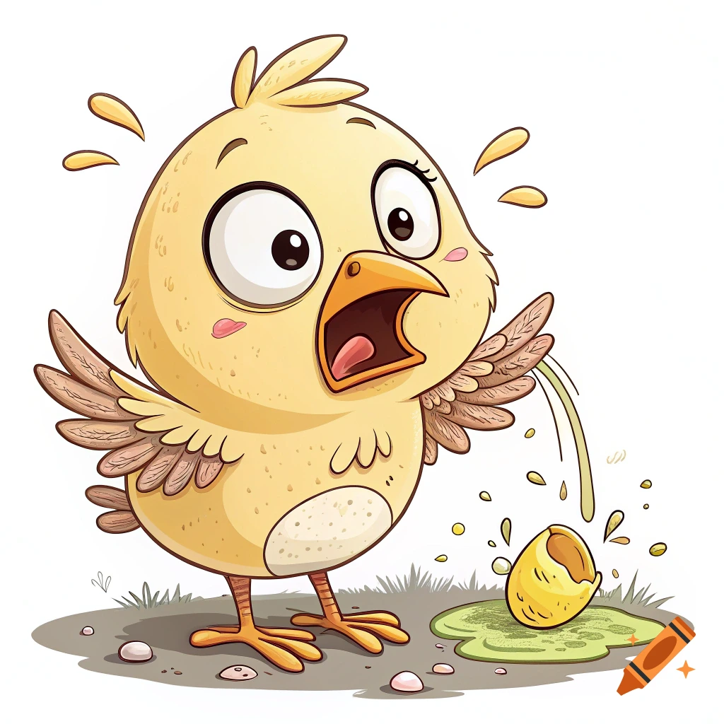 A scared cartoon chick looks like it's about to vomit next to a broken ...