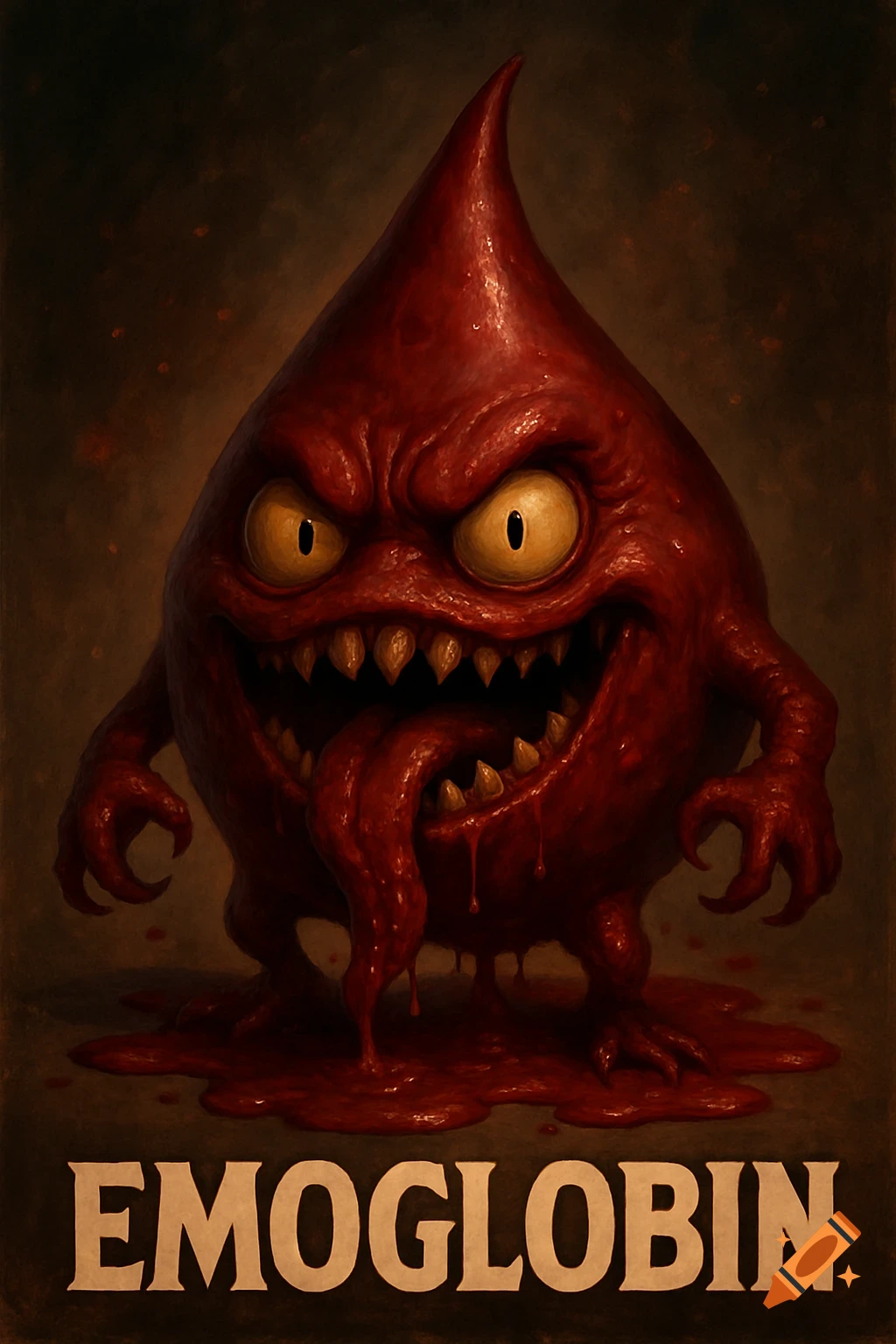 A menacing red monster blob with sharp teeth and a long tongue stands ...