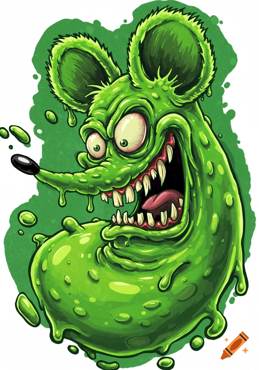 A grotesque green slimy cartoon monster in the style of Rat Fink with ...