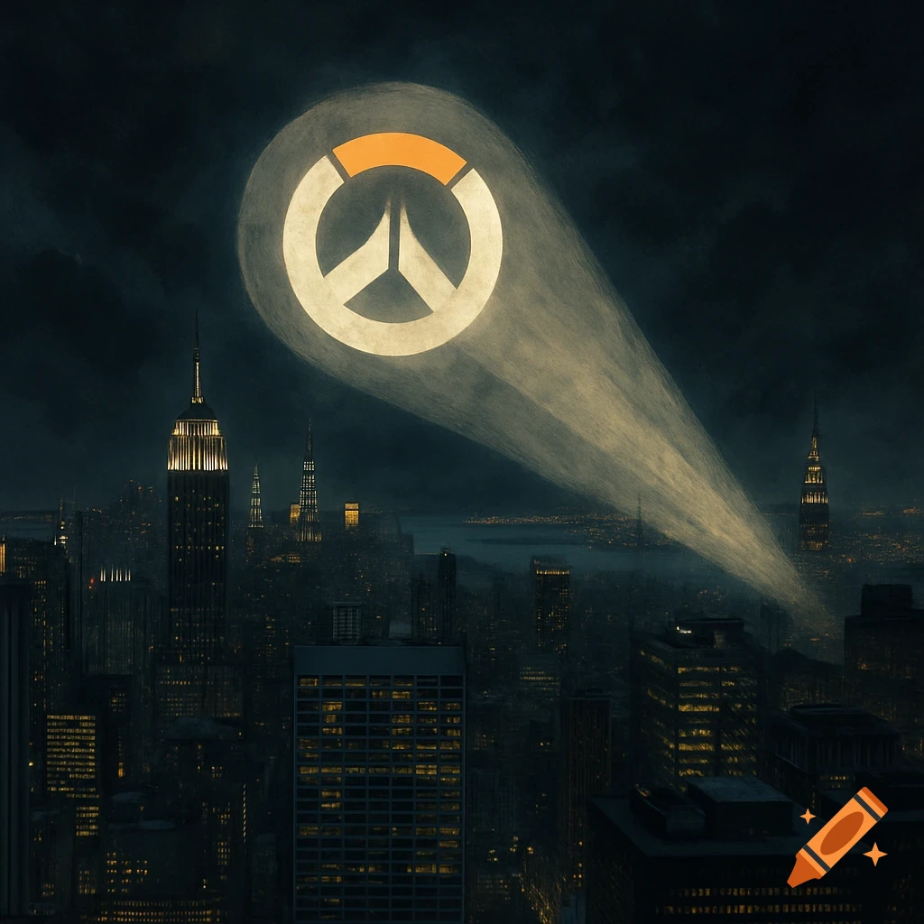 Overwatch logo projected like a signal over a city skyline at night. on ...