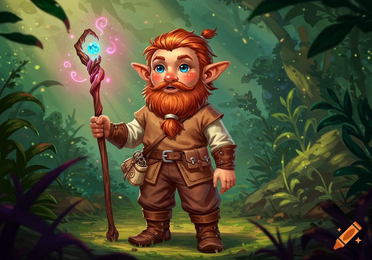 Illustration of a fantasy gnome wizard with a staff standing in a ...