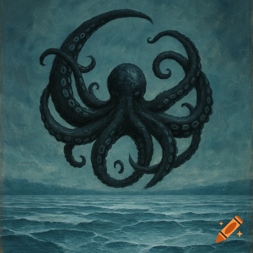 Dark, stylized painting of an octopus with tentacles forming a crescent ...