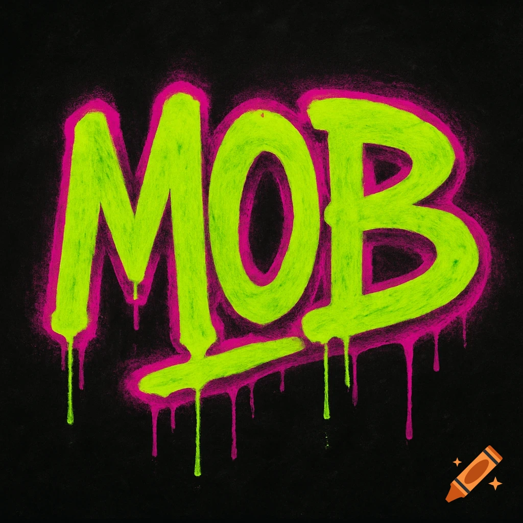 Green and pink dripping graffiti art of the word MOB on a black background. on Craiyon