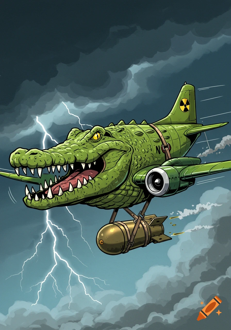 Cartoon crocodile airplane carrying a bomb flies through a stormy sky ...