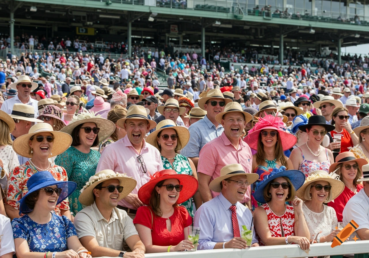 A large crowd of people in hats and bright clothes watching an event ...