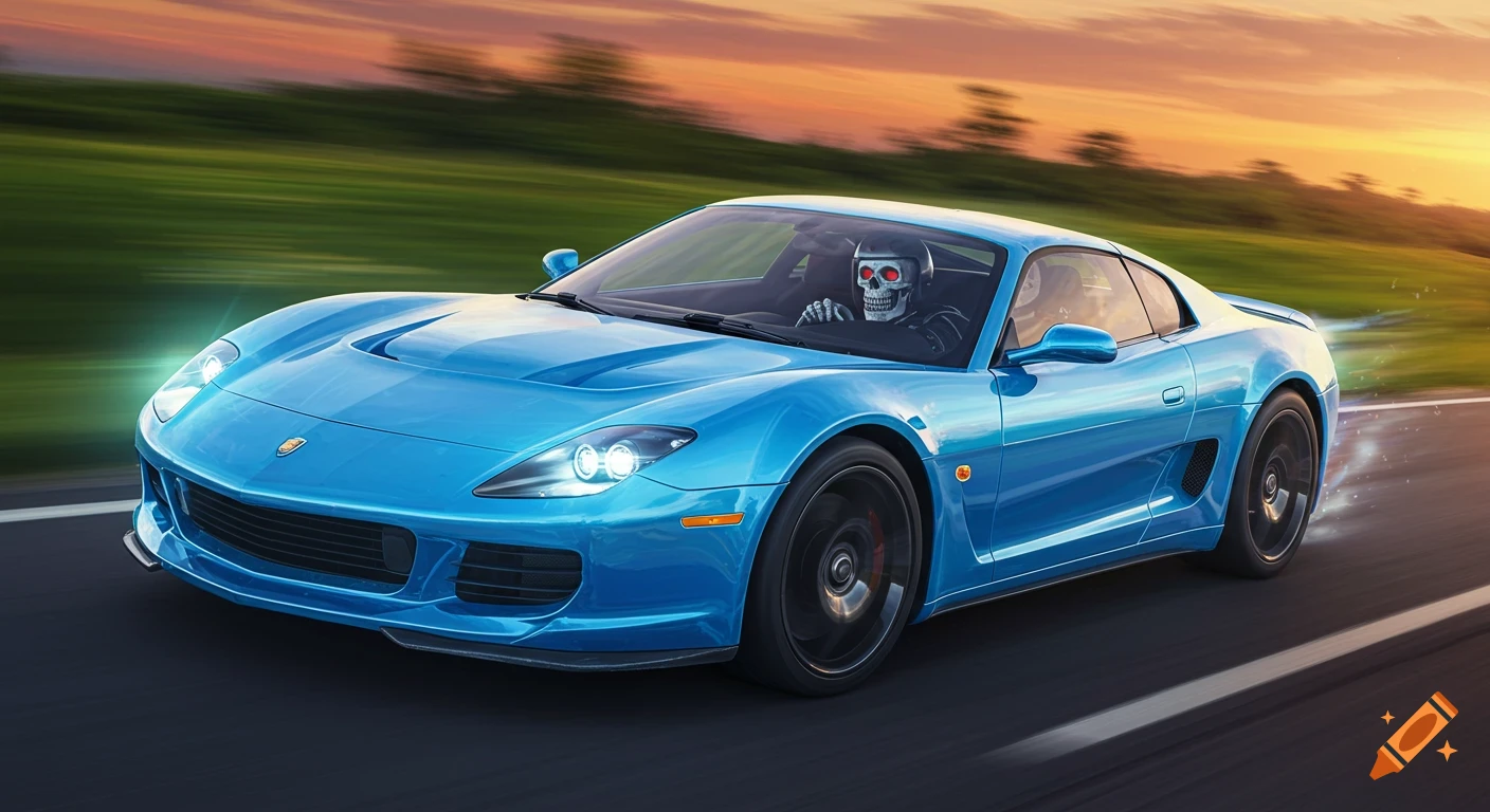 Blue sports car driven by skeleton speeds down road at sunset with ...