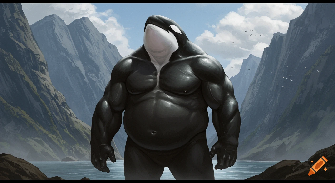 A muscular orca-man stands in a mountain landscape. on Craiyon