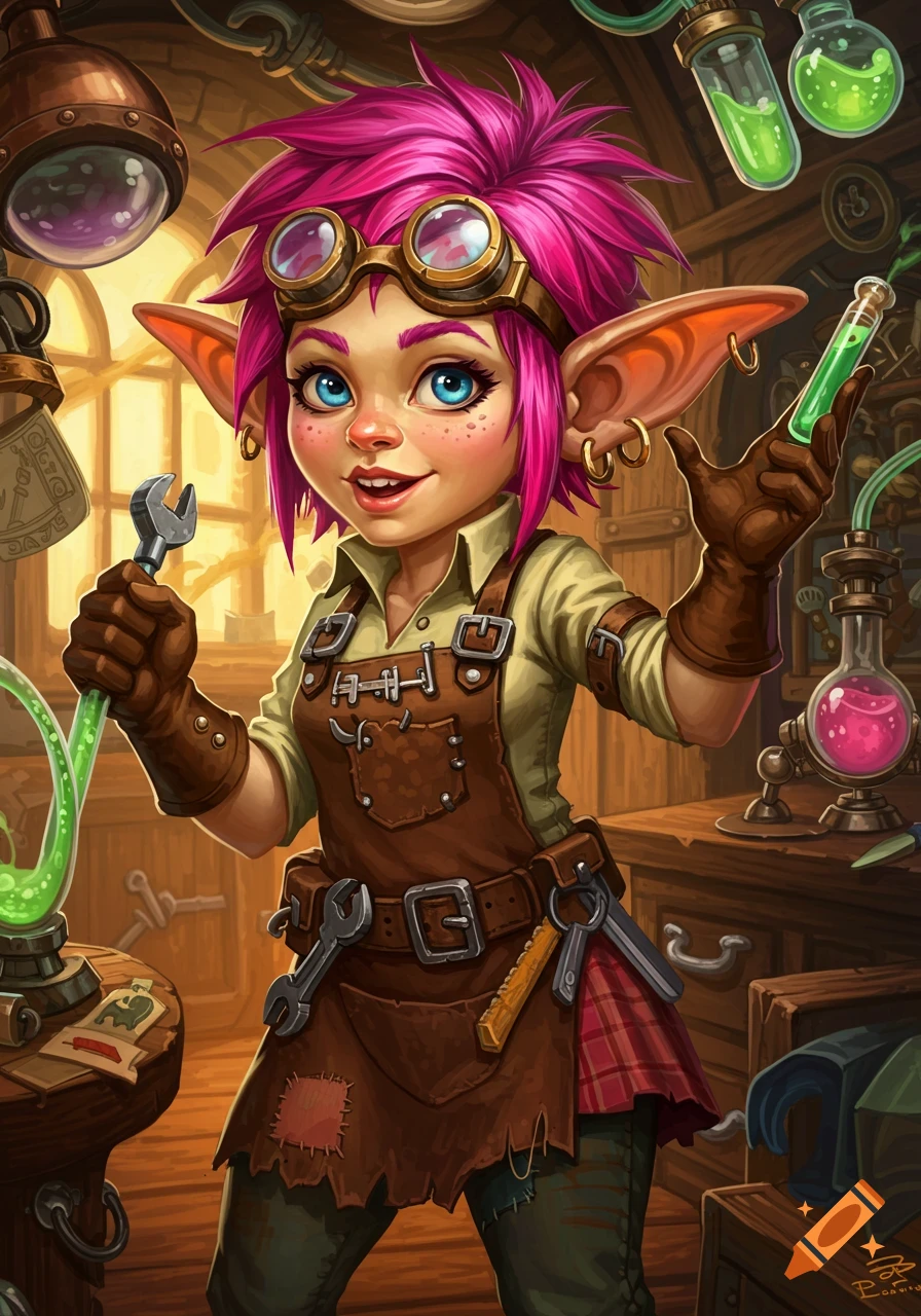 A cartoon-style illustration of a female goblin inventor with pink hair ...