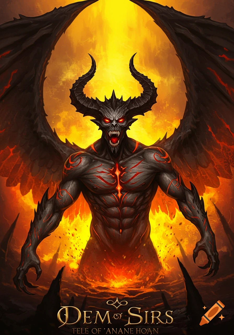A fearsome demon with horns and wings stands in a fiery hellscape. on ...