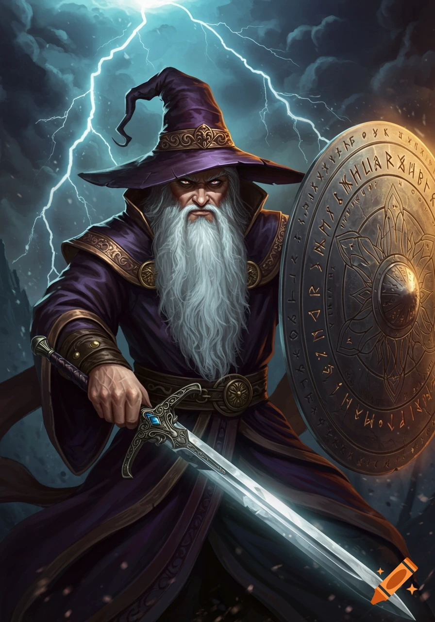 A wizard holds a sword and a shield with runes as lightning strikes ...