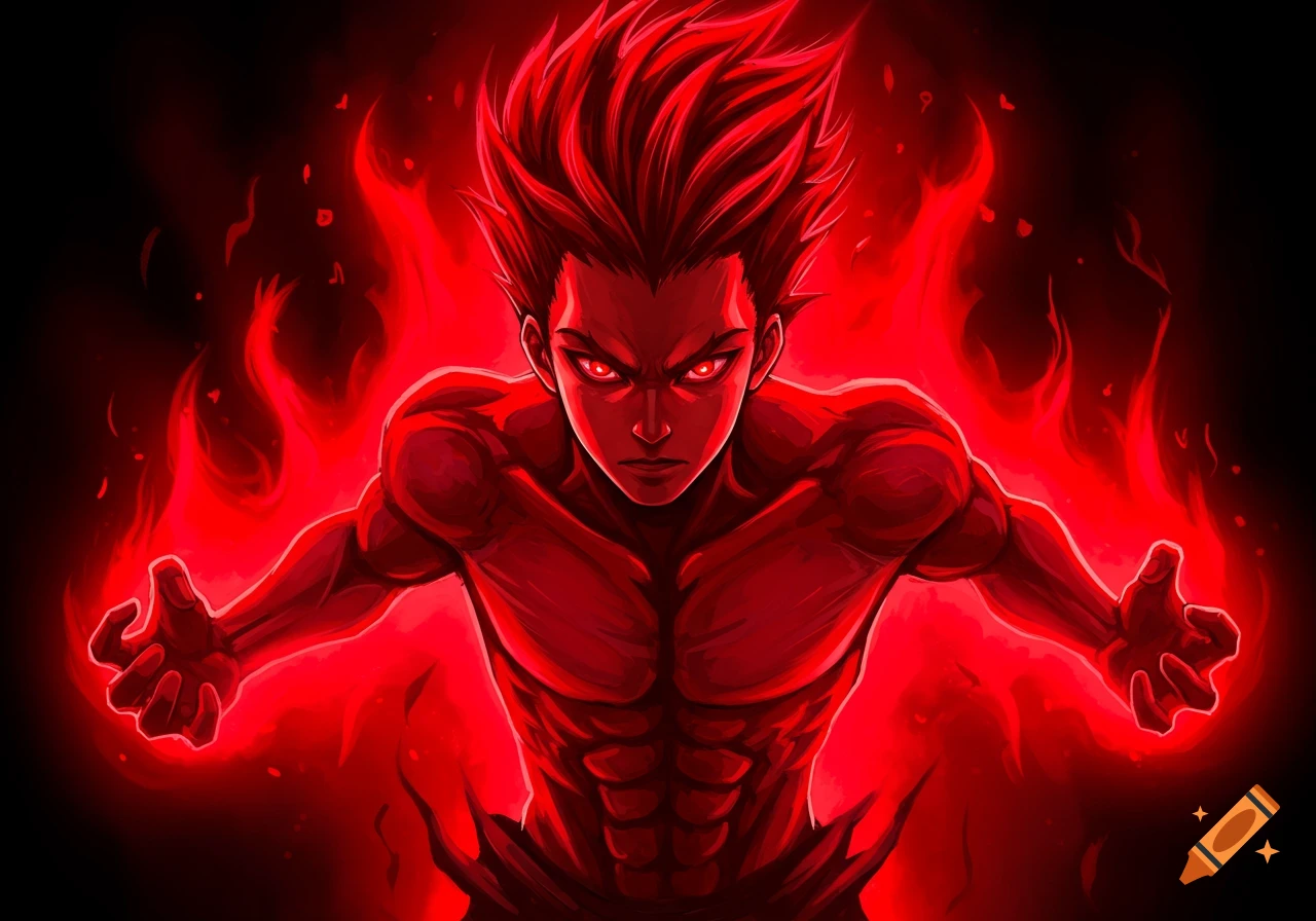 Anime character with red spiky hair and eyes, surrounded by red flames ...