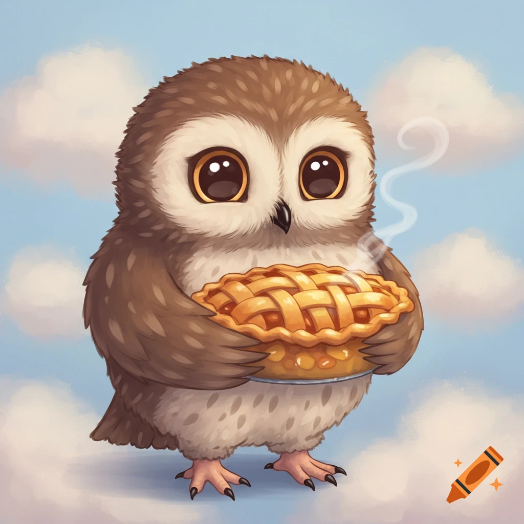 A cute cartoon owl holds a steaming lattice-top pie while standing ...