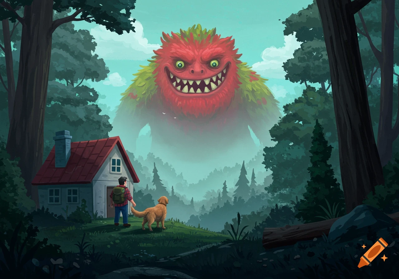 Giant red and green monster looms over person and dog near house in ...