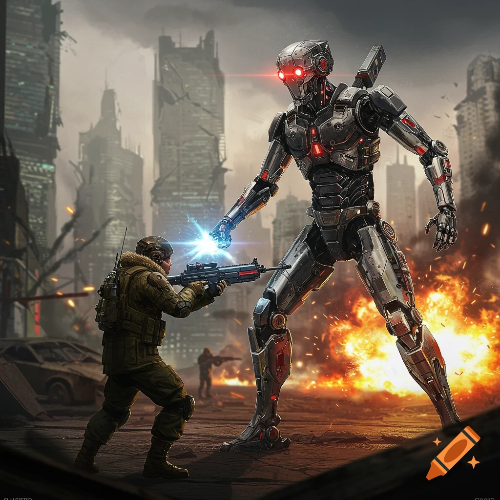A soldier fights a large robot in a ruined city with explosions ...