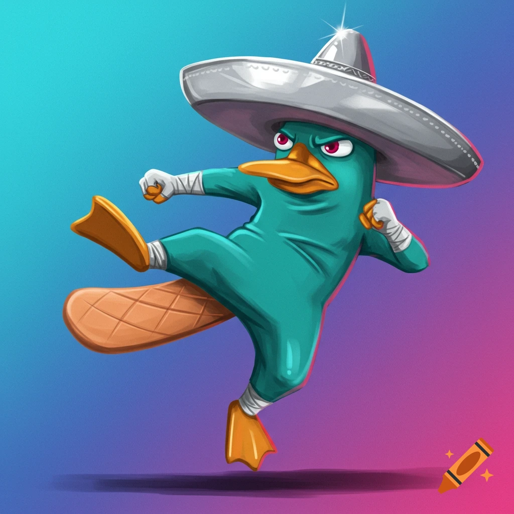 Perry the Platypus in a shiny sombrero doing a martial arts kick on Craiyon