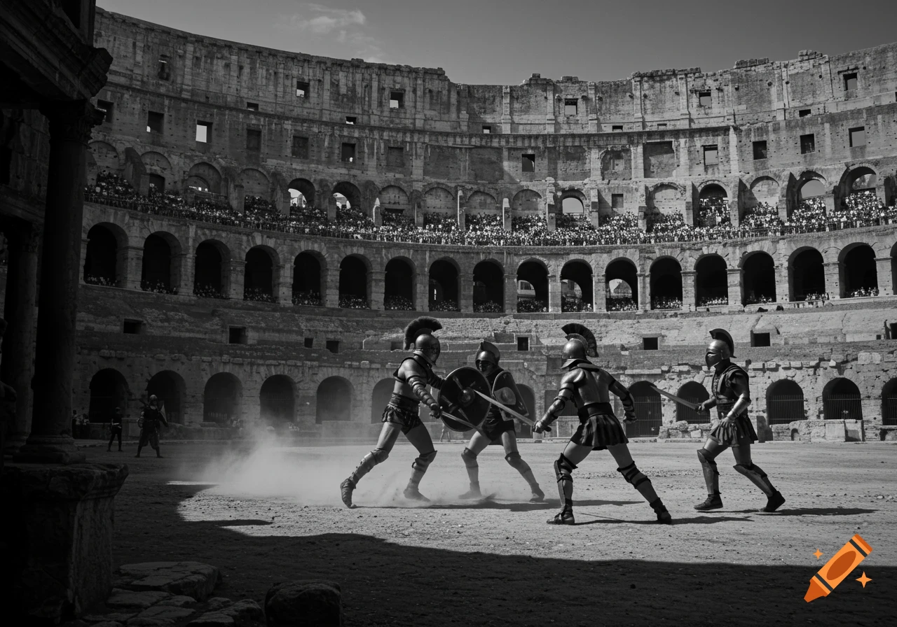 Black and white photograph of gladiators fighting in the Colosseum arena. on Craiyon