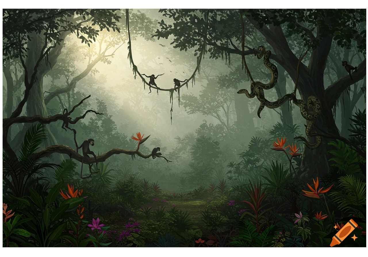Stylized illustration of a misty jungle with monkeys and a snake. on ...