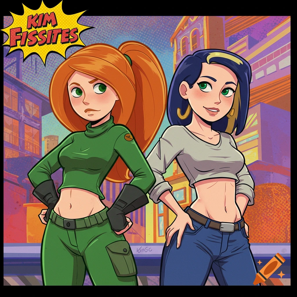 Two cartoon women resembling Kim Possible and Bonnie Rockwaller stand ...