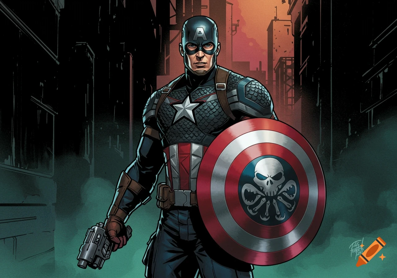Captain America in a comic art style, holding a Hydra shield and gun in ...