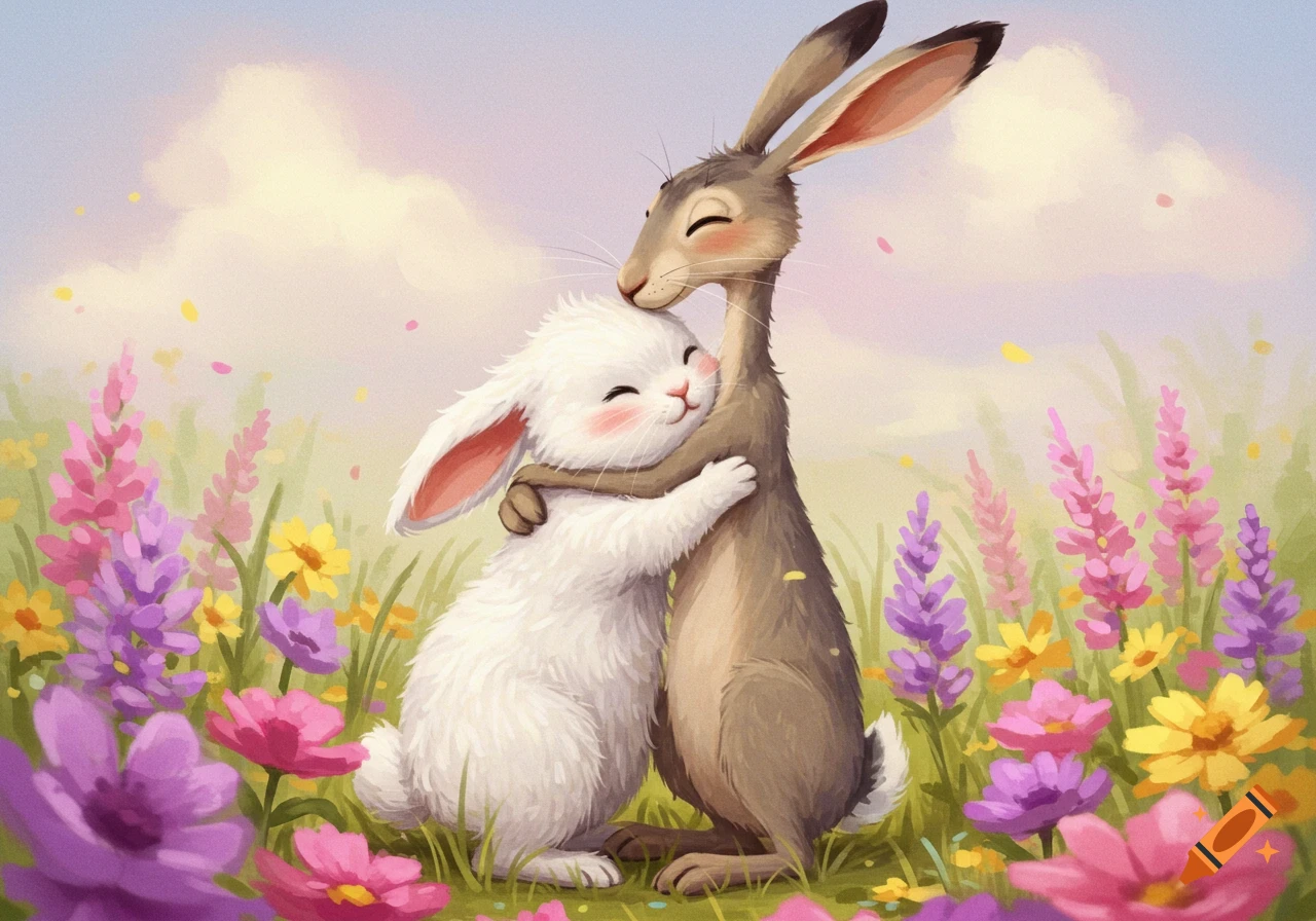 Two cute rabbits hug in a field of colorful spring flowers under a ...
