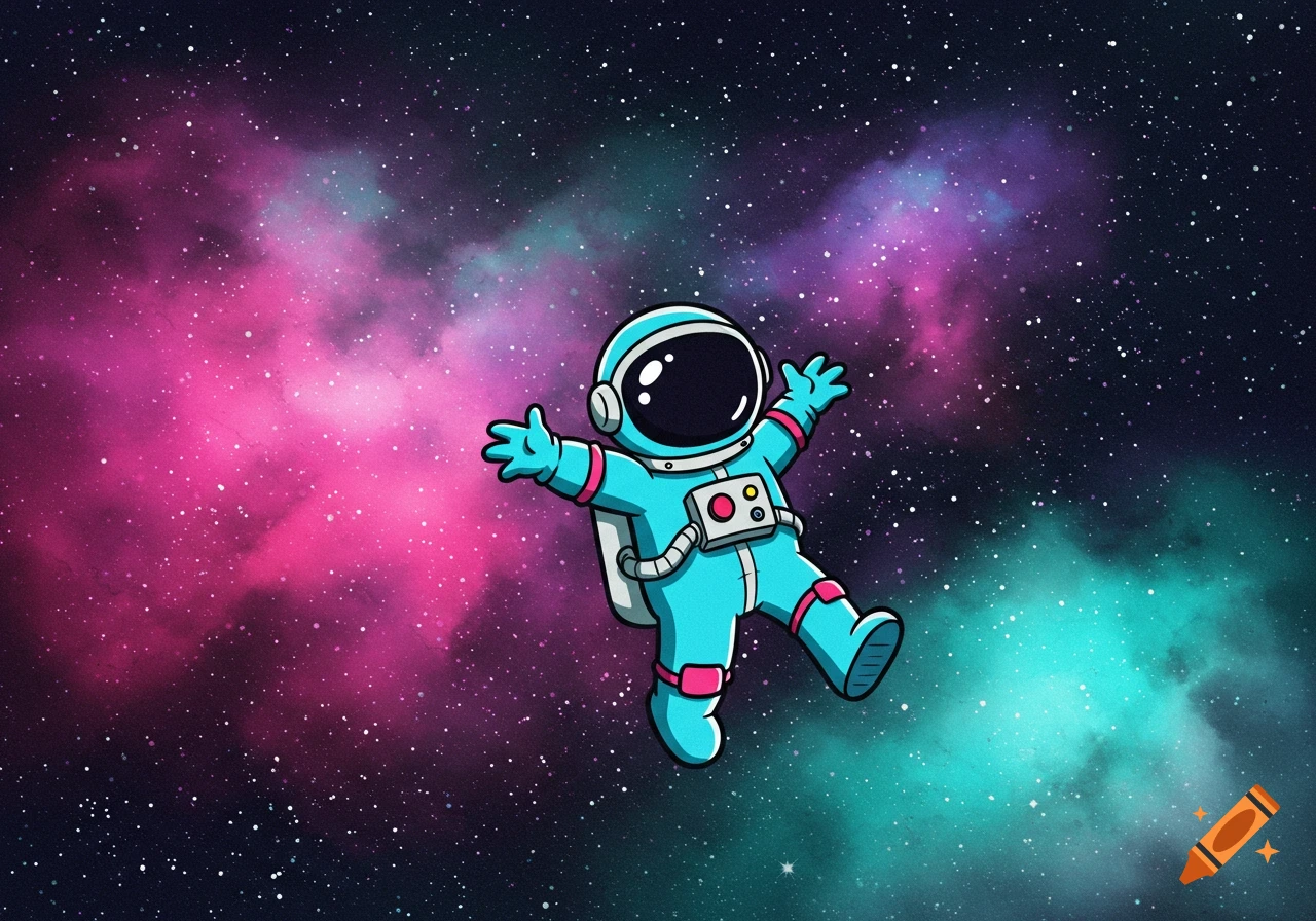 Cartoon astronaut floats in space with pink and teal nebulae. on Craiyon