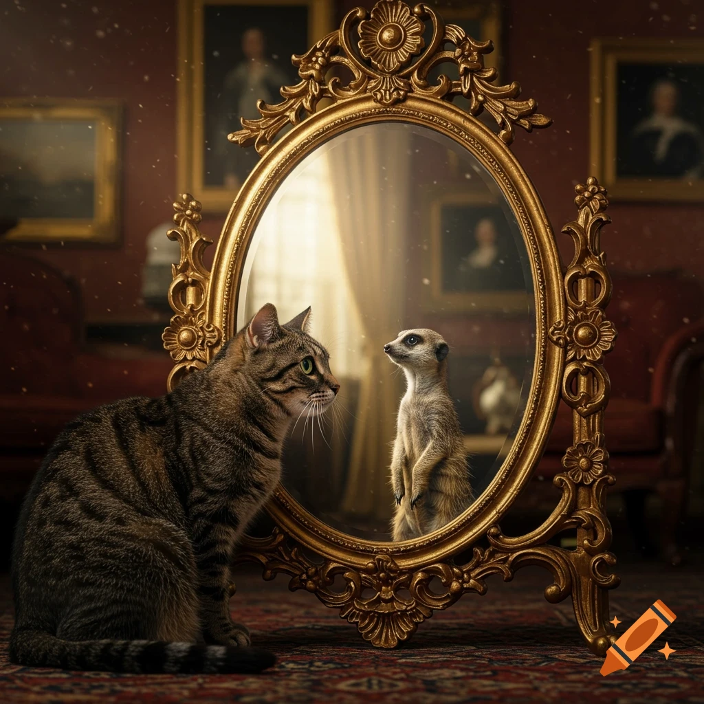 A photorealistic tabby cat looks into a mirror and sees a meerkat ...