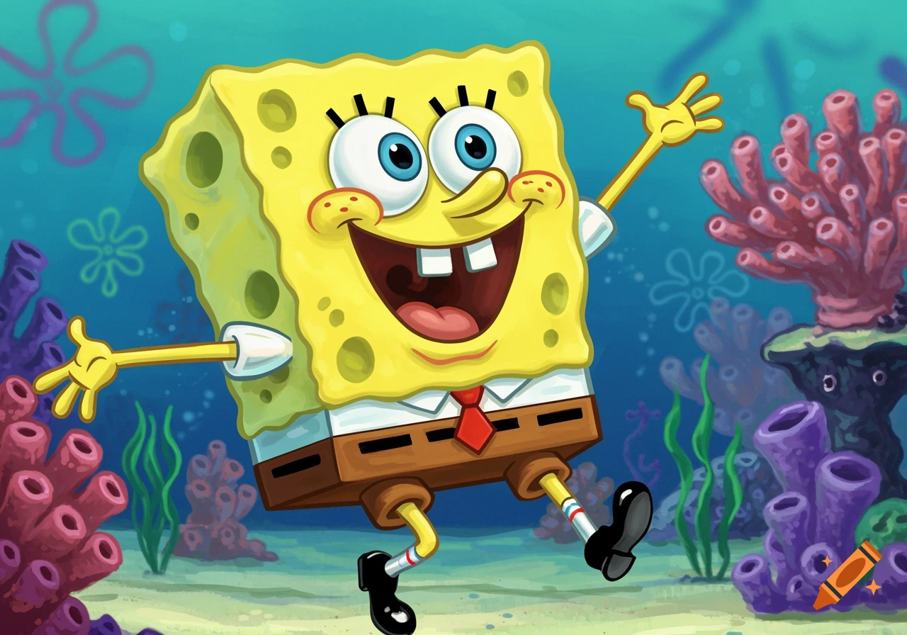 SpongeBob SquarePants cartoon character stands happily underwater on ...
