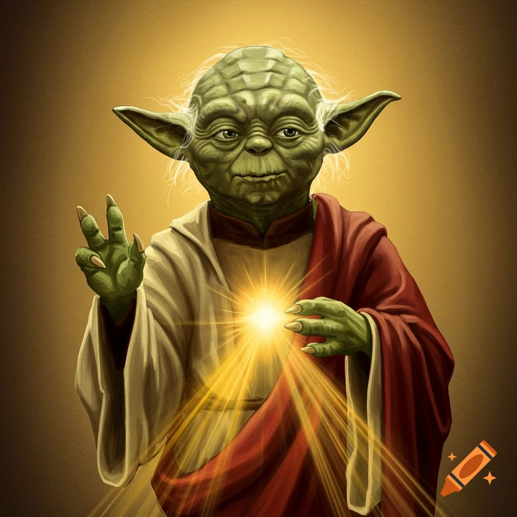 Yoda in white and red robes with glowing light from his chest and hand ...