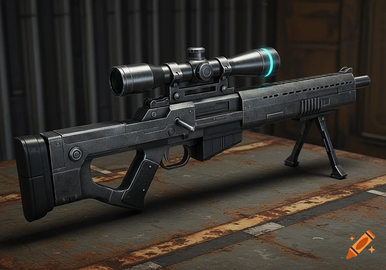 Futuristic sniper rifle with scope on a metal surface. on Craiyon