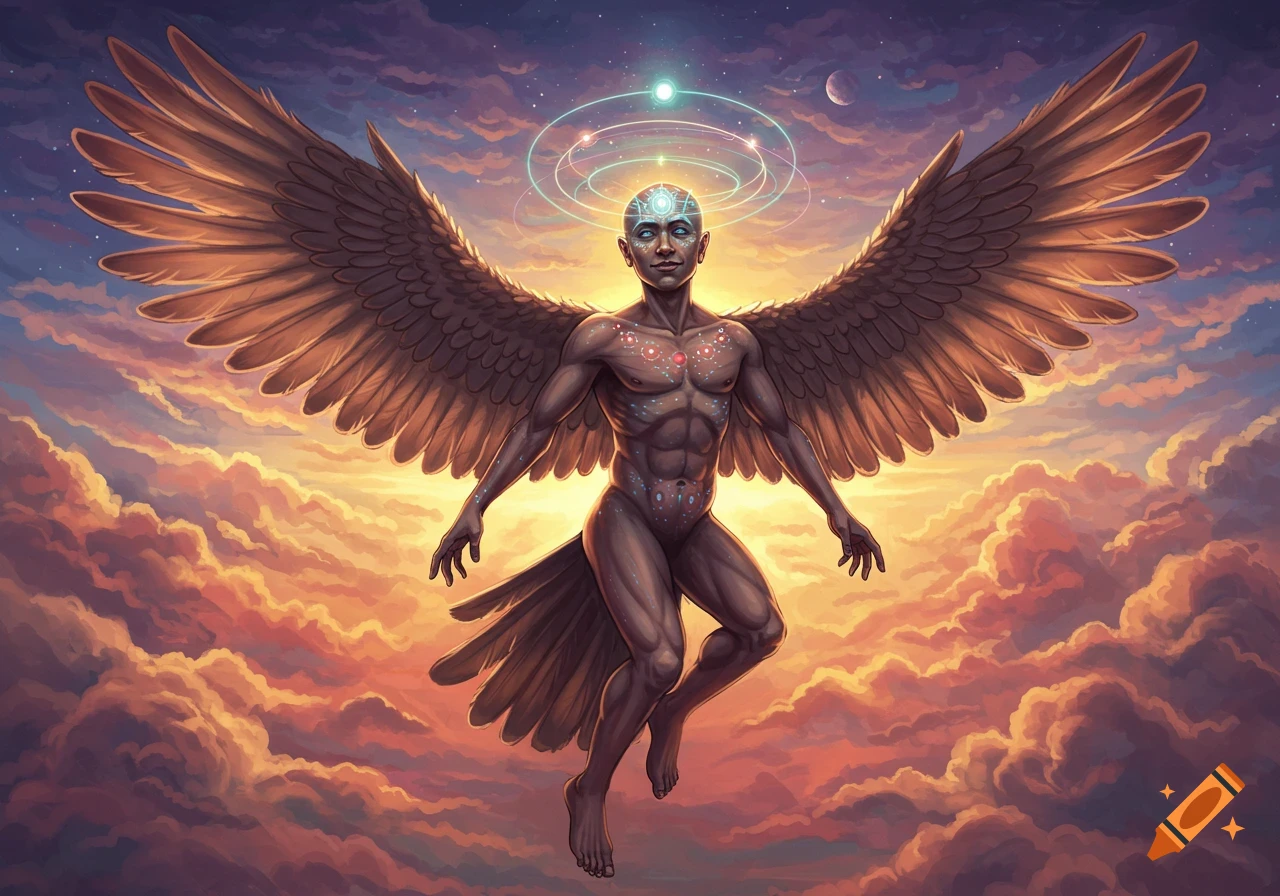 A winged man with glowing markings flies through a sunset sky with ...