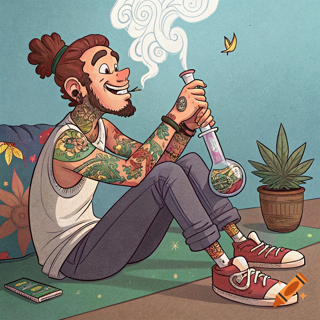 Cartoon illustration of a tattooed man with a bun smoking a water bong ...