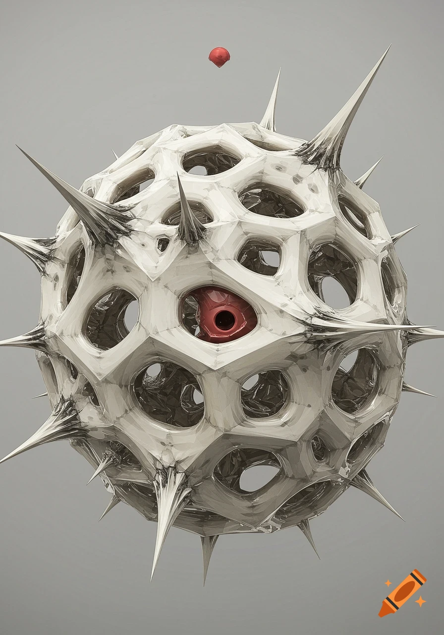 Spherical bone creature with spikes and red eye hovering against gray ...