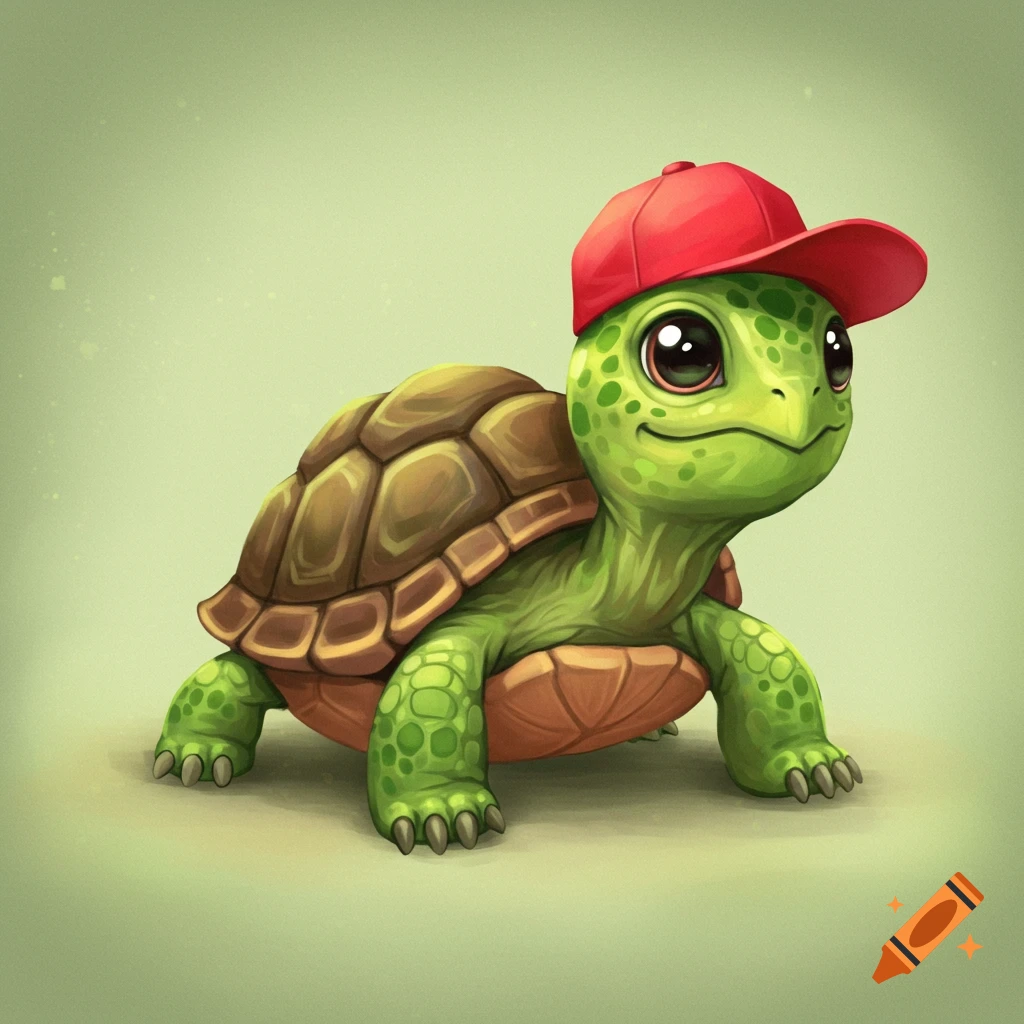 A cute cartoon turtle wears a red baseball cap. on Craiyon