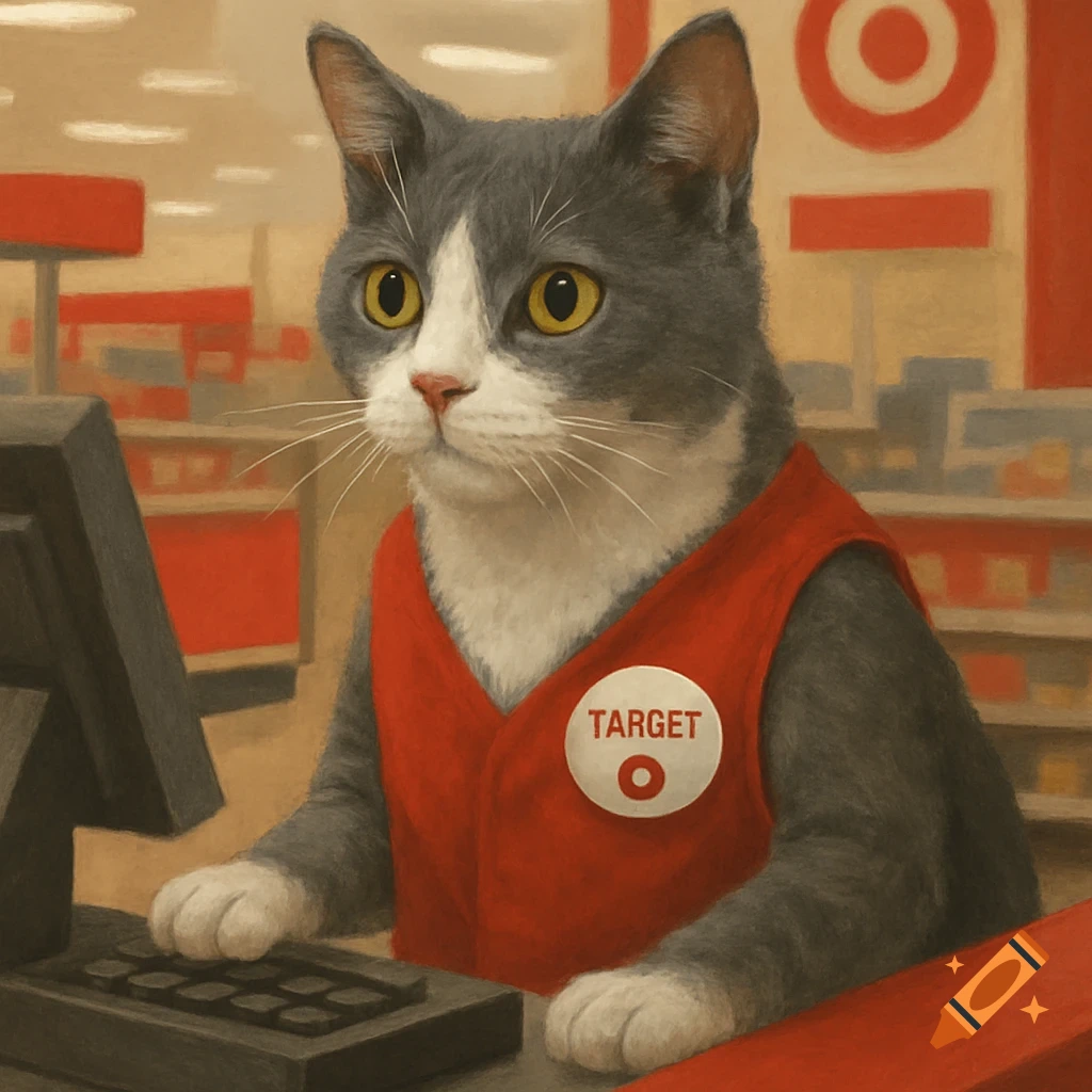 Painting of a grey and white cat in a red Target vest working at a ...
