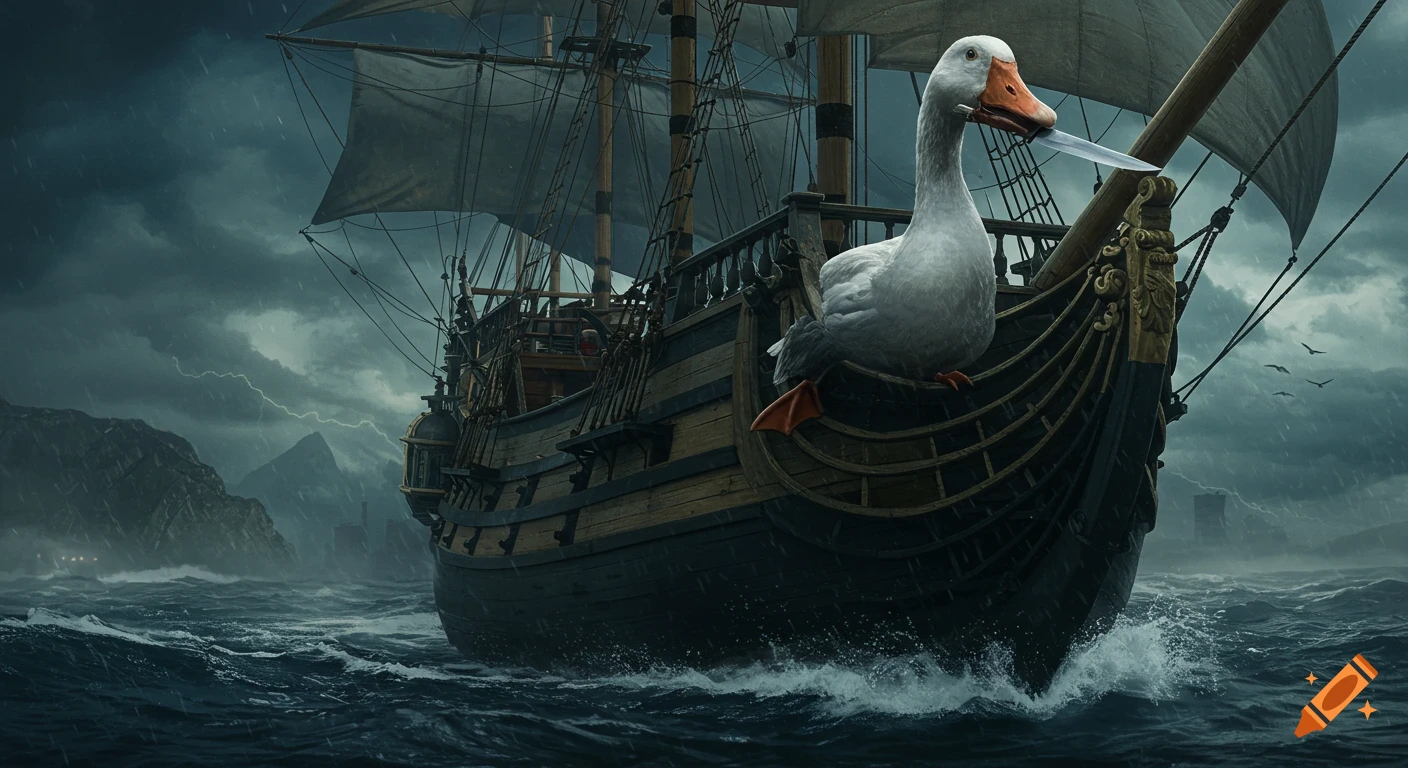 A dramatic pirate ship with a goose figurehead holding a knife sails ...