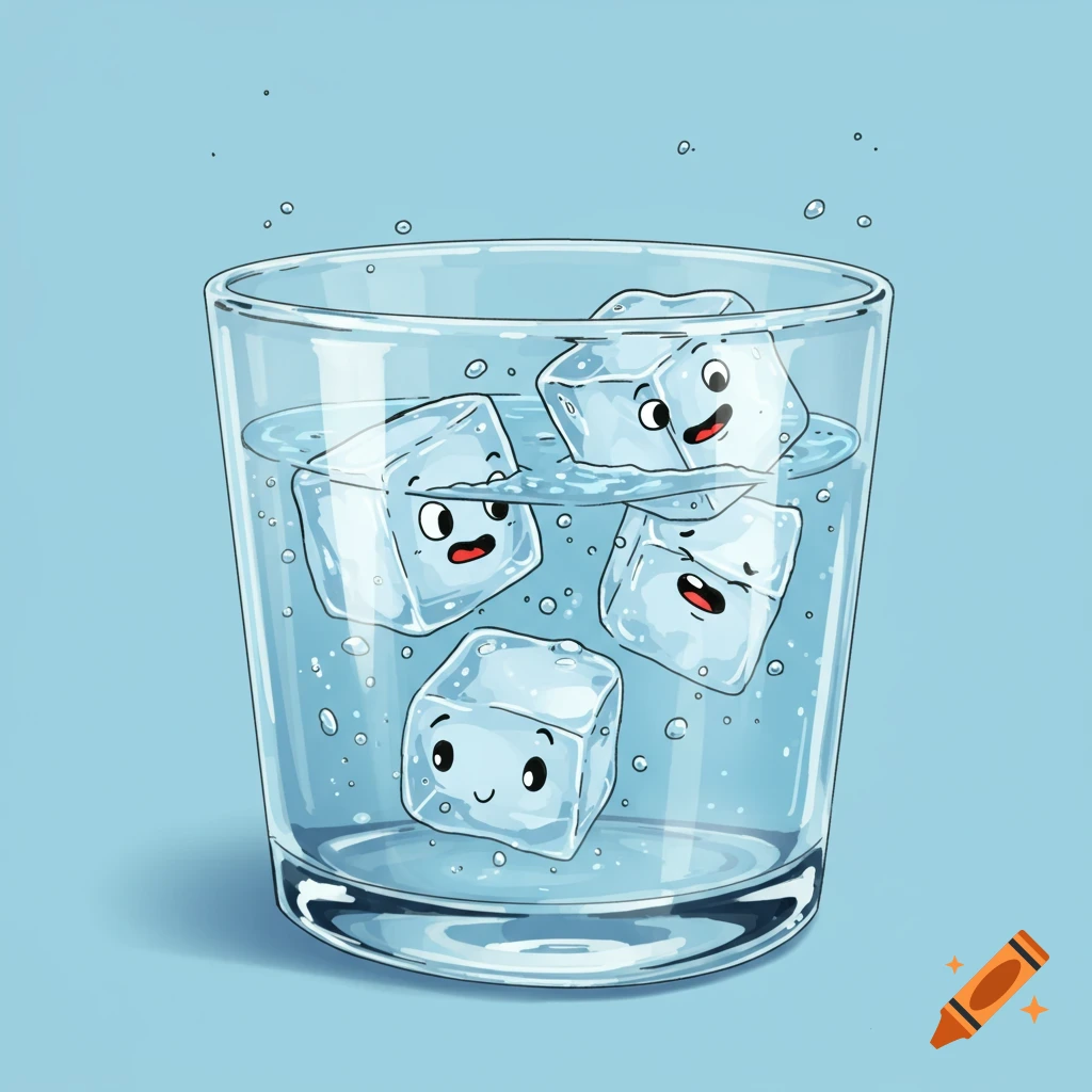 Cartoon ice cubes with faces float in a glass of water. on Craiyon