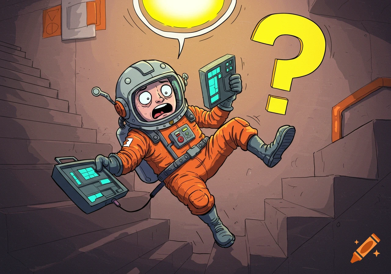 Cartoon astronaut falling down stairs with a question mark and speech ...