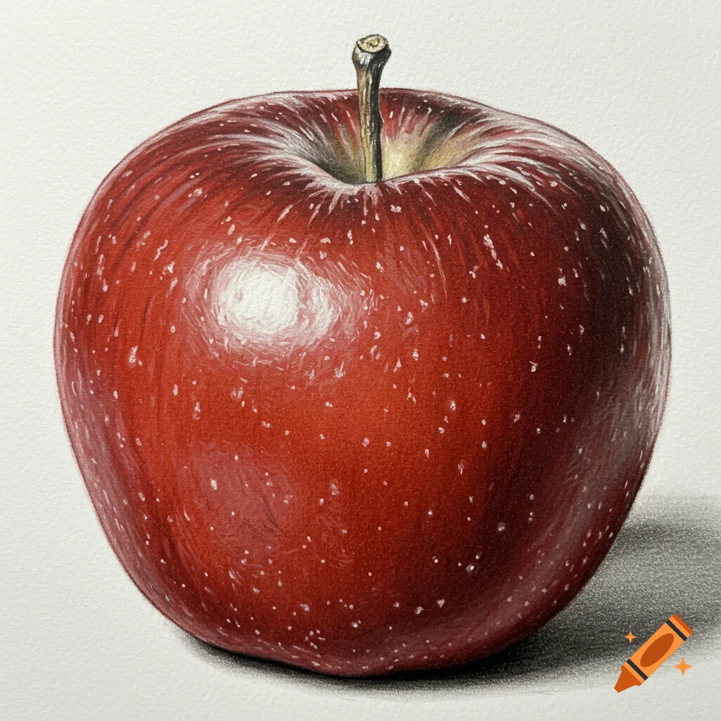 A detailed textured drawing of a red apple on a white background. on ...