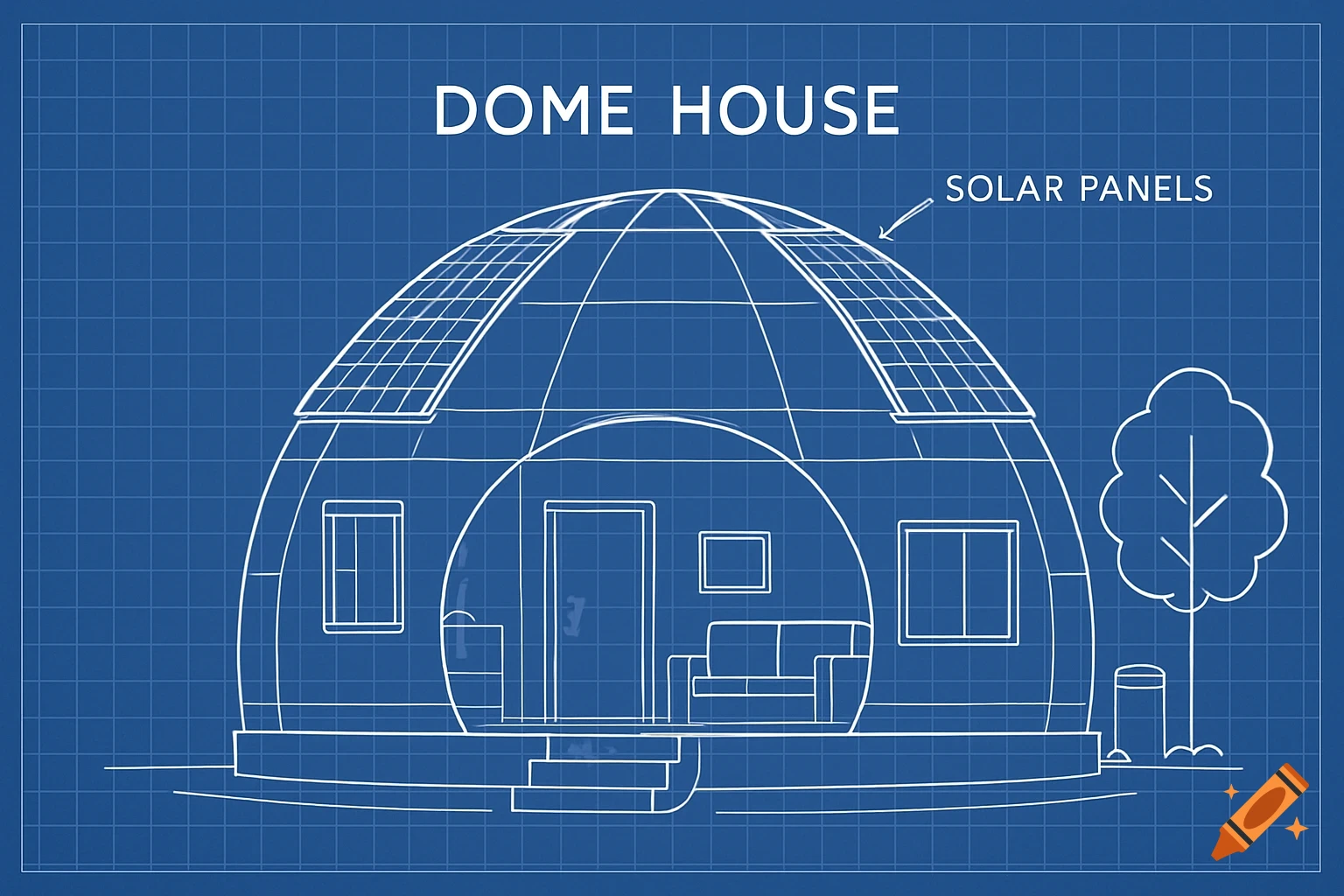 A blueprint drawing of a dome house with solar panels on the roof. on ...
