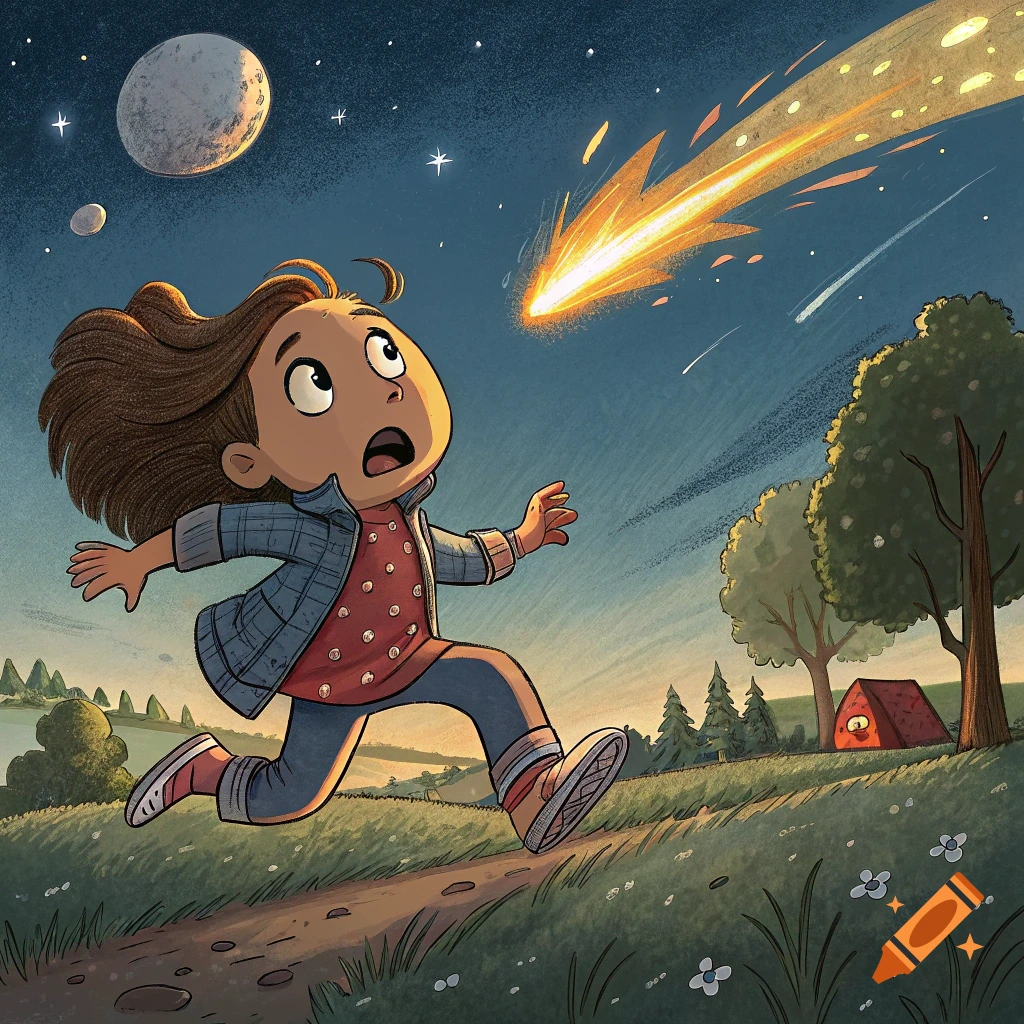 Cartoon illustration of a girl running from a meteor streaking across ...