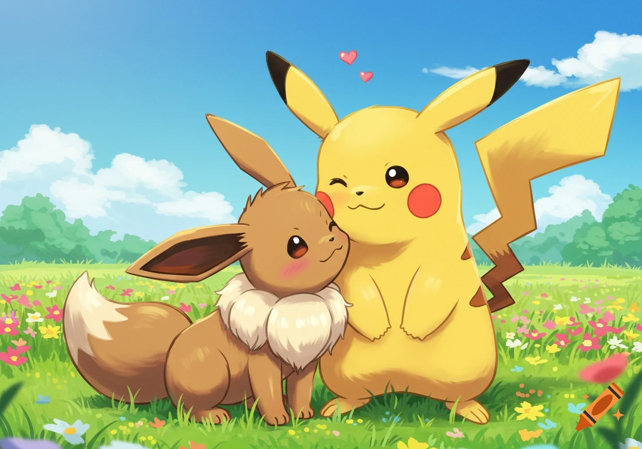 Eevee nuzzles Pikachu in a flowery field with hearts above them, anime ...
