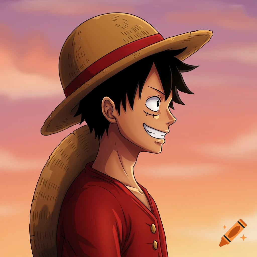 Anime portrait of Luffy from One Piece in profile wearing his straw hat ...