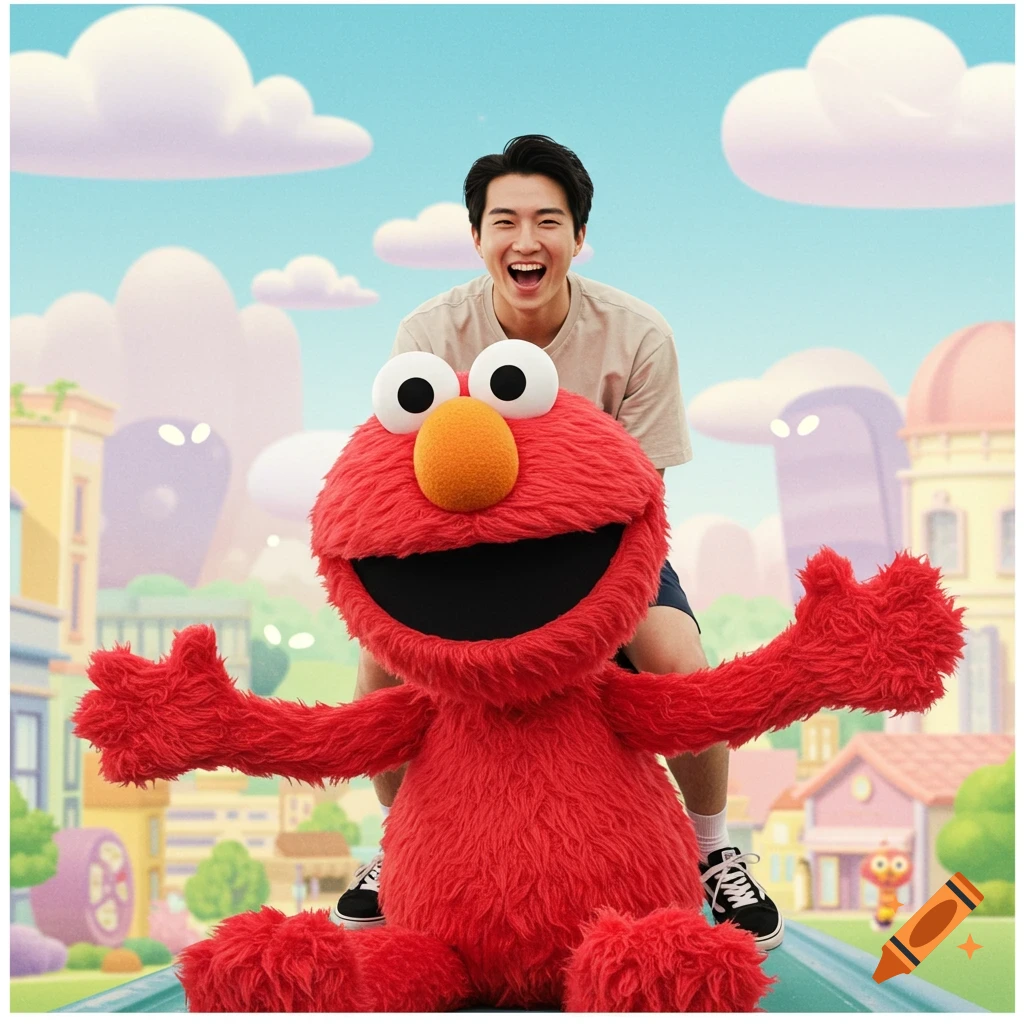 Person riding a large Elmo plush toy in a stylized outdoor setting. on ...