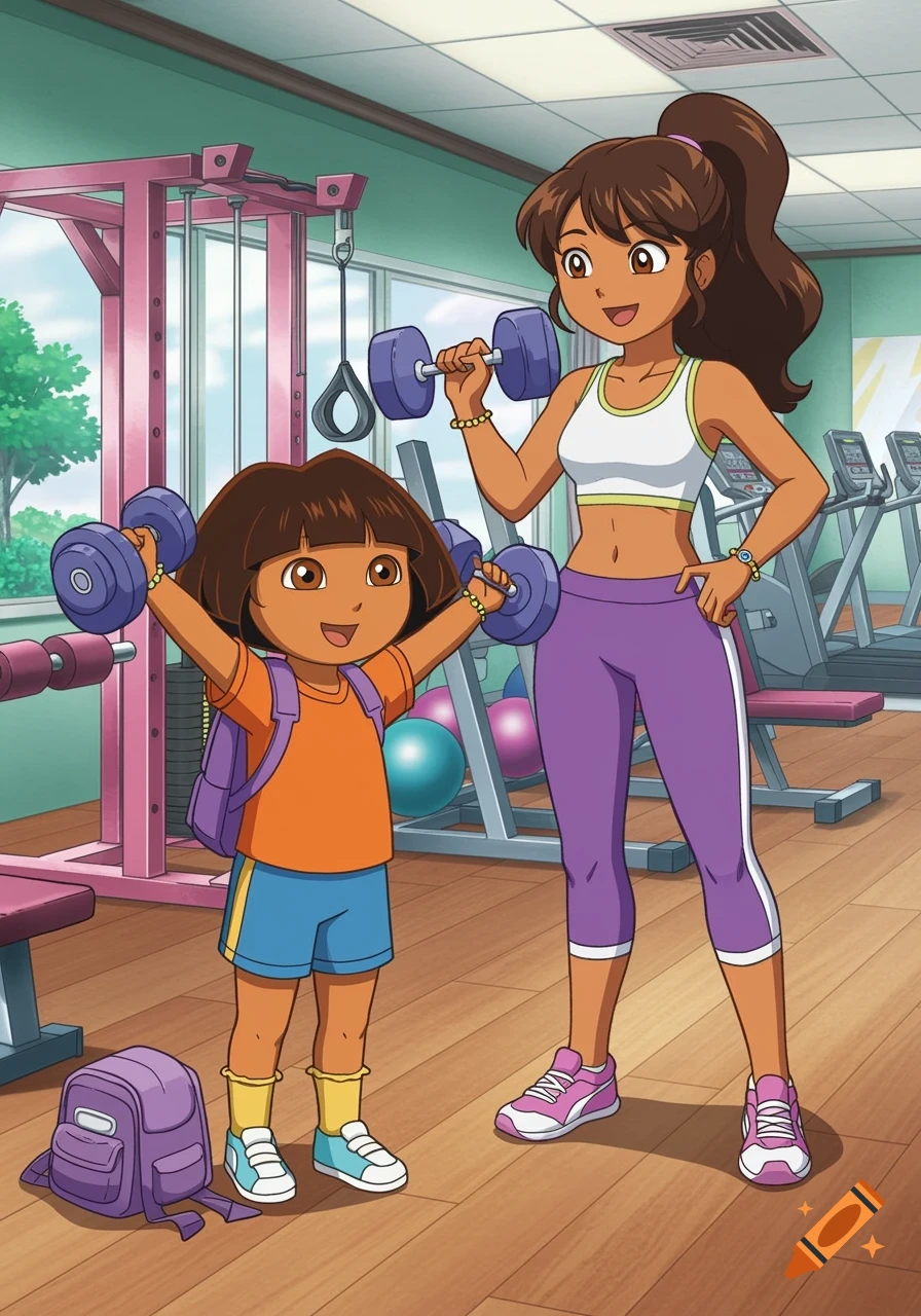 Dora the Explorer and her mom lift dumbbells in a gym. Anime style. on ...
