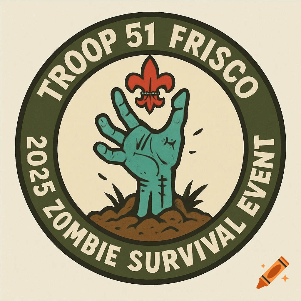 Circular logo with zombie hand reaching from dirt, fleur-de-lis, and ...