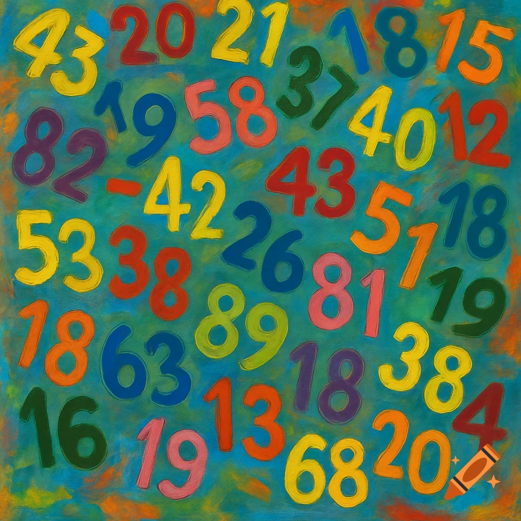 Colorful abstract painting of various numbers scattered randomly. on ...