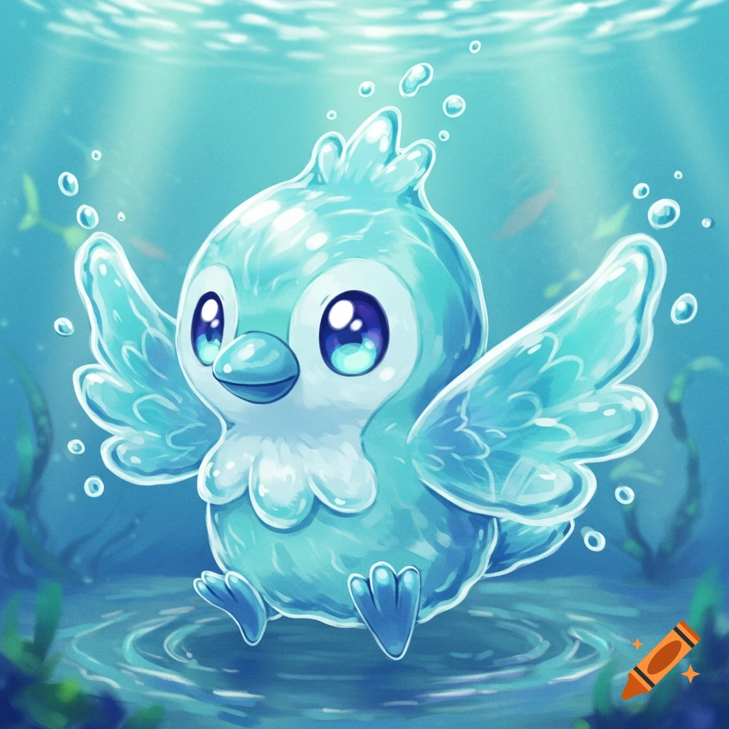 A cute, cartoon-style water bird floats underwater with bubbles. on Craiyon