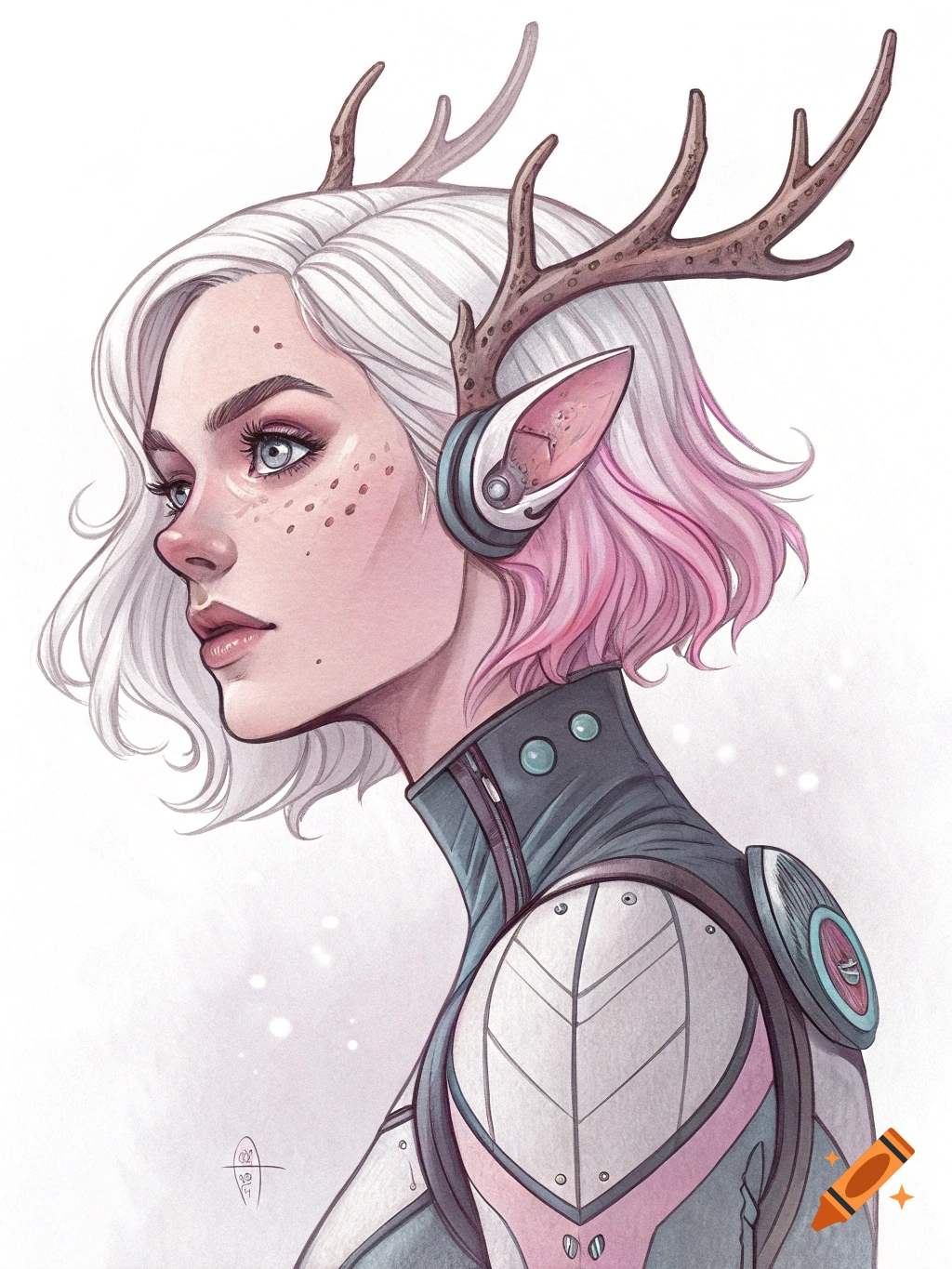 Portrait of a fantasy woman with white and pink hair, antlers, freckles ...