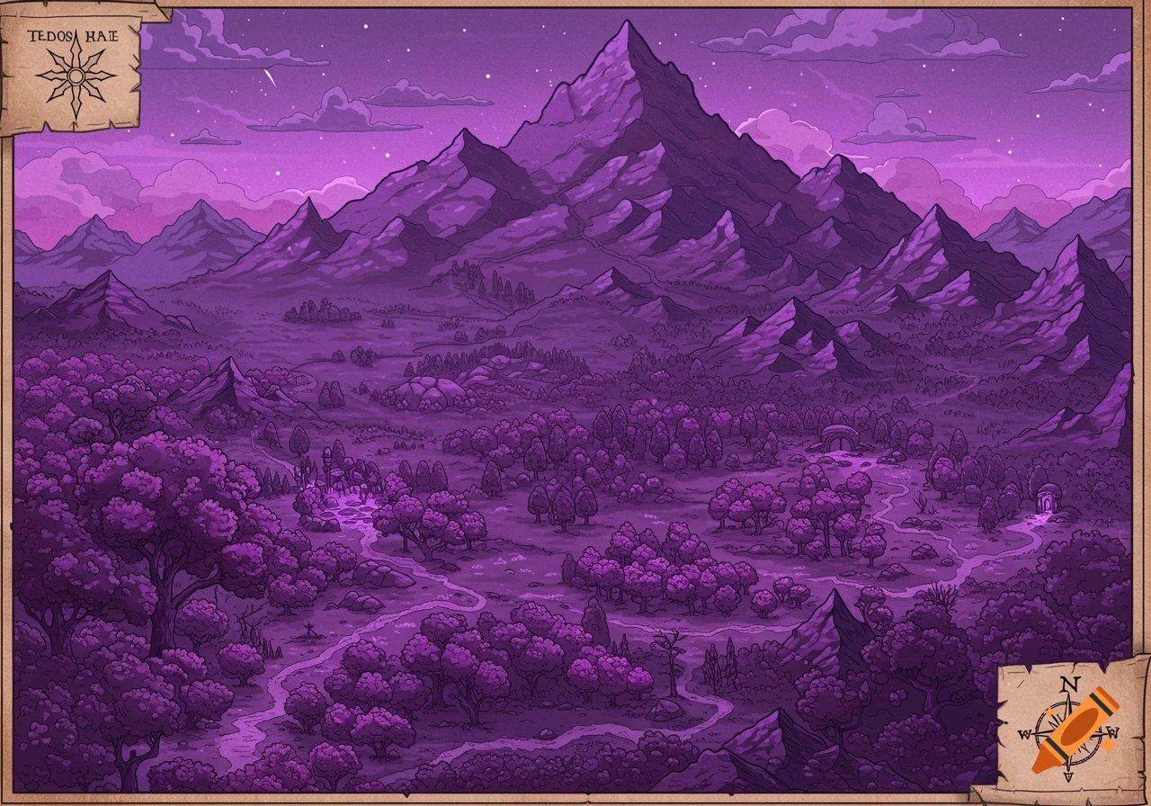 A purple fantasy map of a forest transitioning into mountains, with a ...