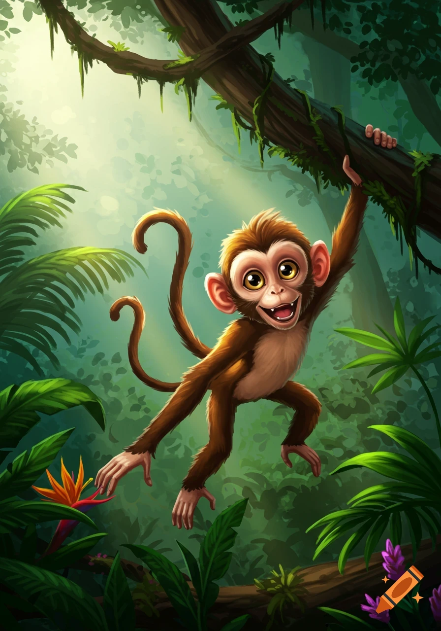 Stylized illustration of a happy baby monkey swinging from a vine in a lush green rainforest. on ...